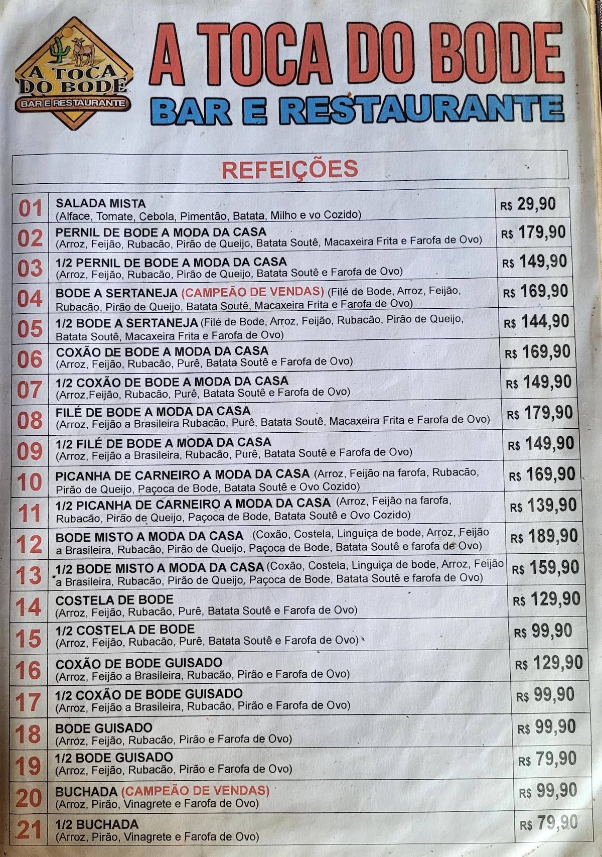 Carta de Restaurante Toca do Bode, João Pessoa, R. Vicente Pessoa de Brito