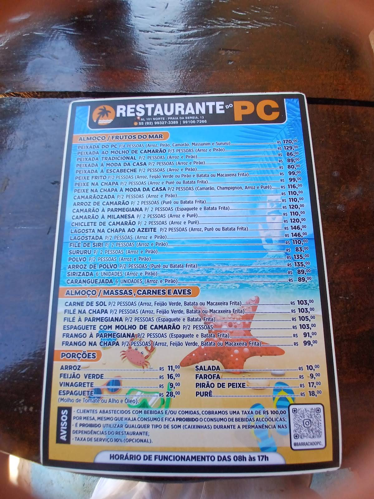 Menu em Restaurante do Pc, Maceió