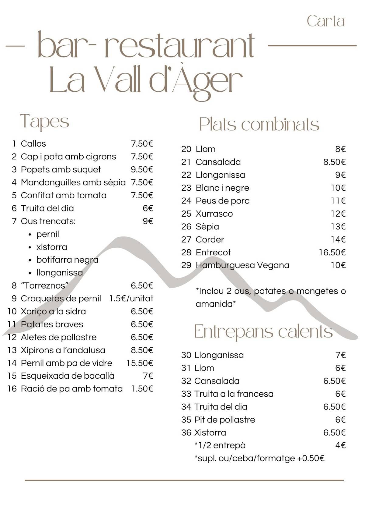 Carta de Restaurant la Vall d'Àger, Àger