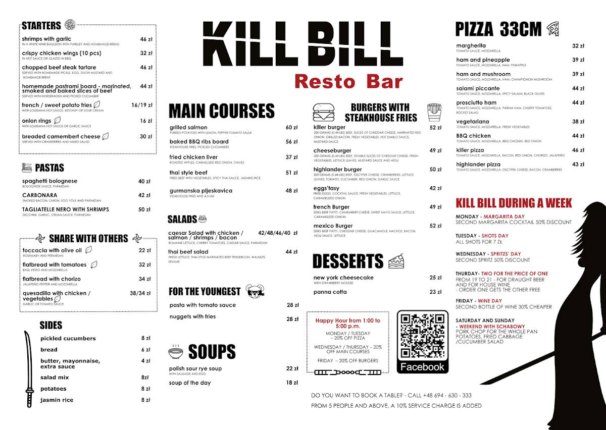 Menu at Resto Bar Kill Bill, Warsaw, Aleja Komisji Edukacji Narodowej 95