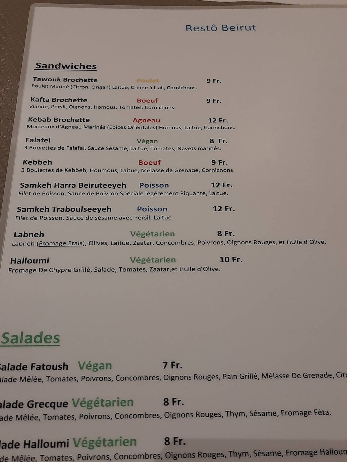 Menu at Restô Beirut, Geneva