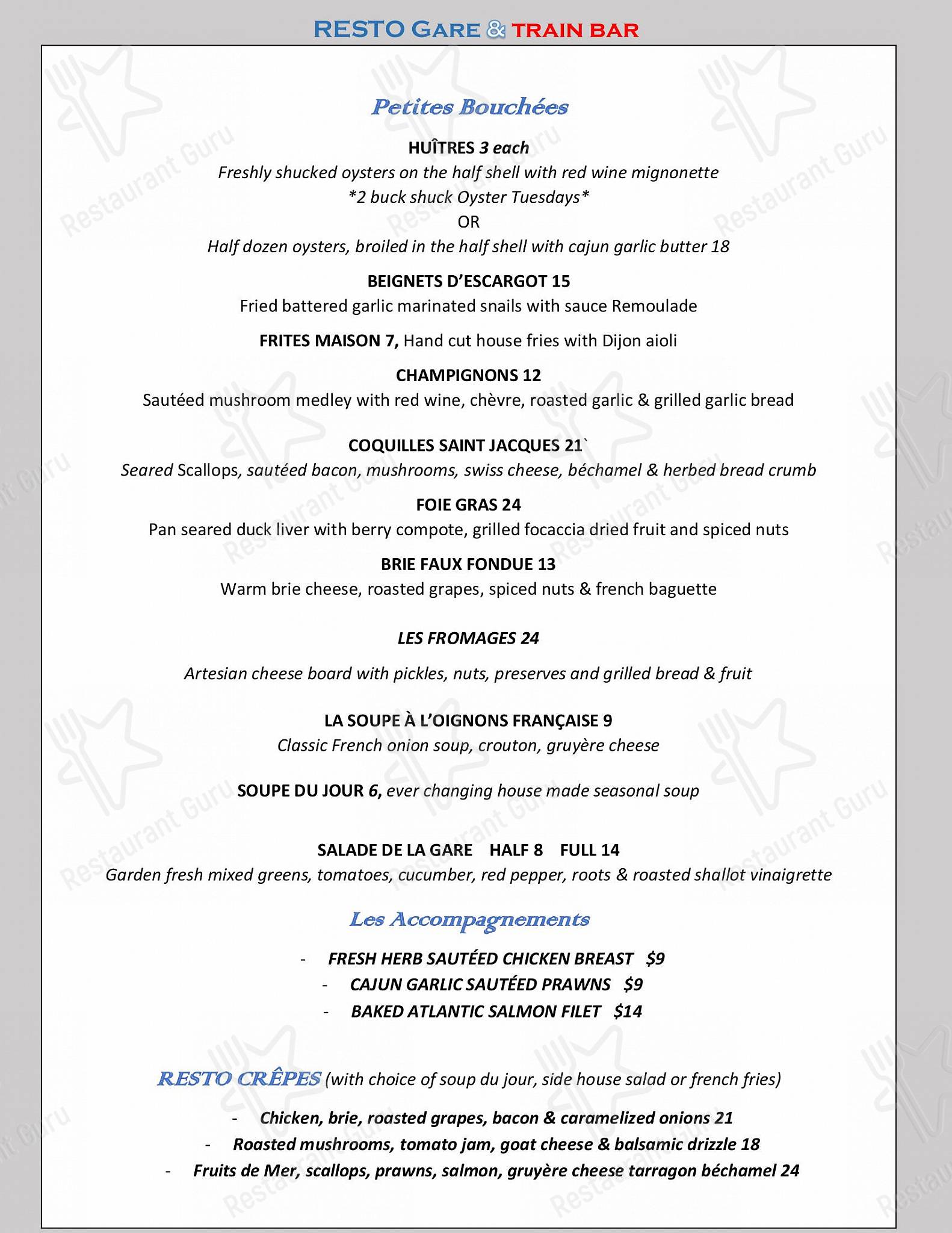 Menu at Resto Gare And Train Bar Bistro, Winnipeg