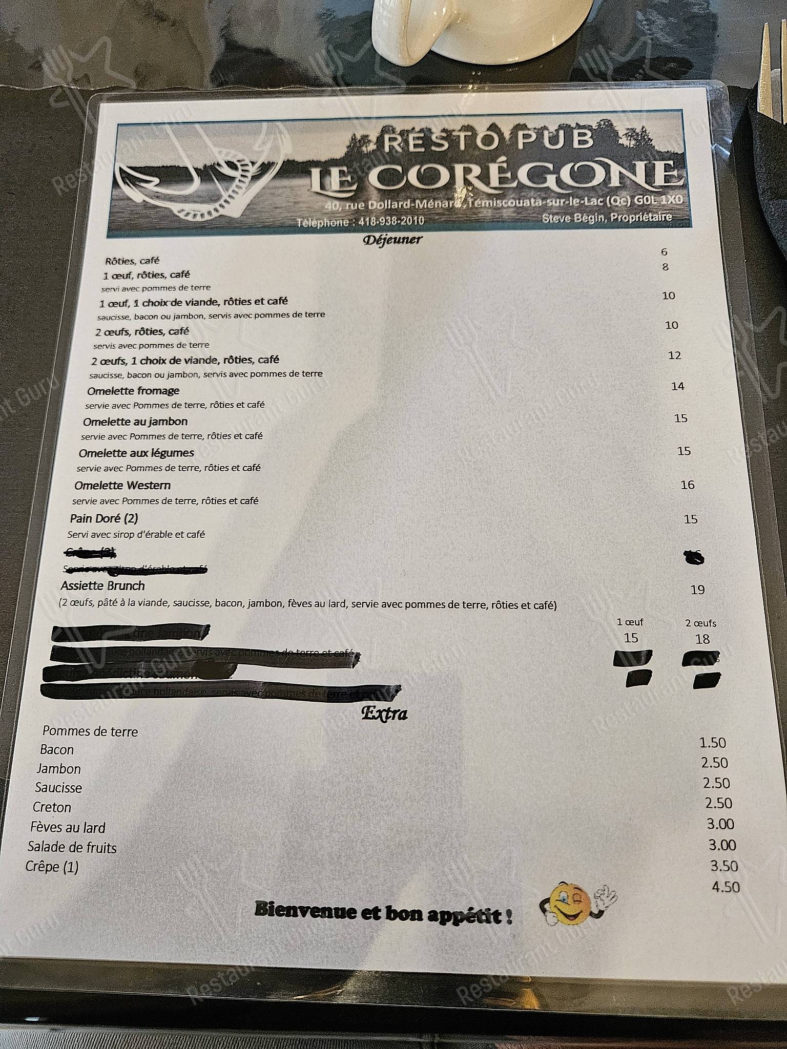 Menu au Resto pub Le corégone, Témiscouata-sur-le-Lac