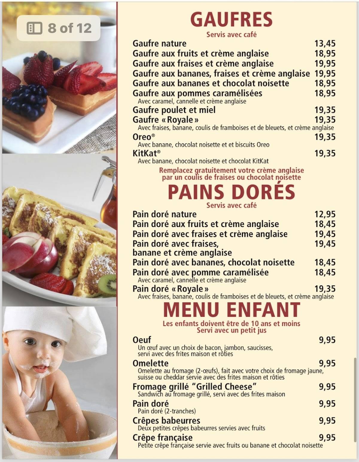 Menu au Resto St-Augustin restaurant, Mirabel, Rue de St Augustin