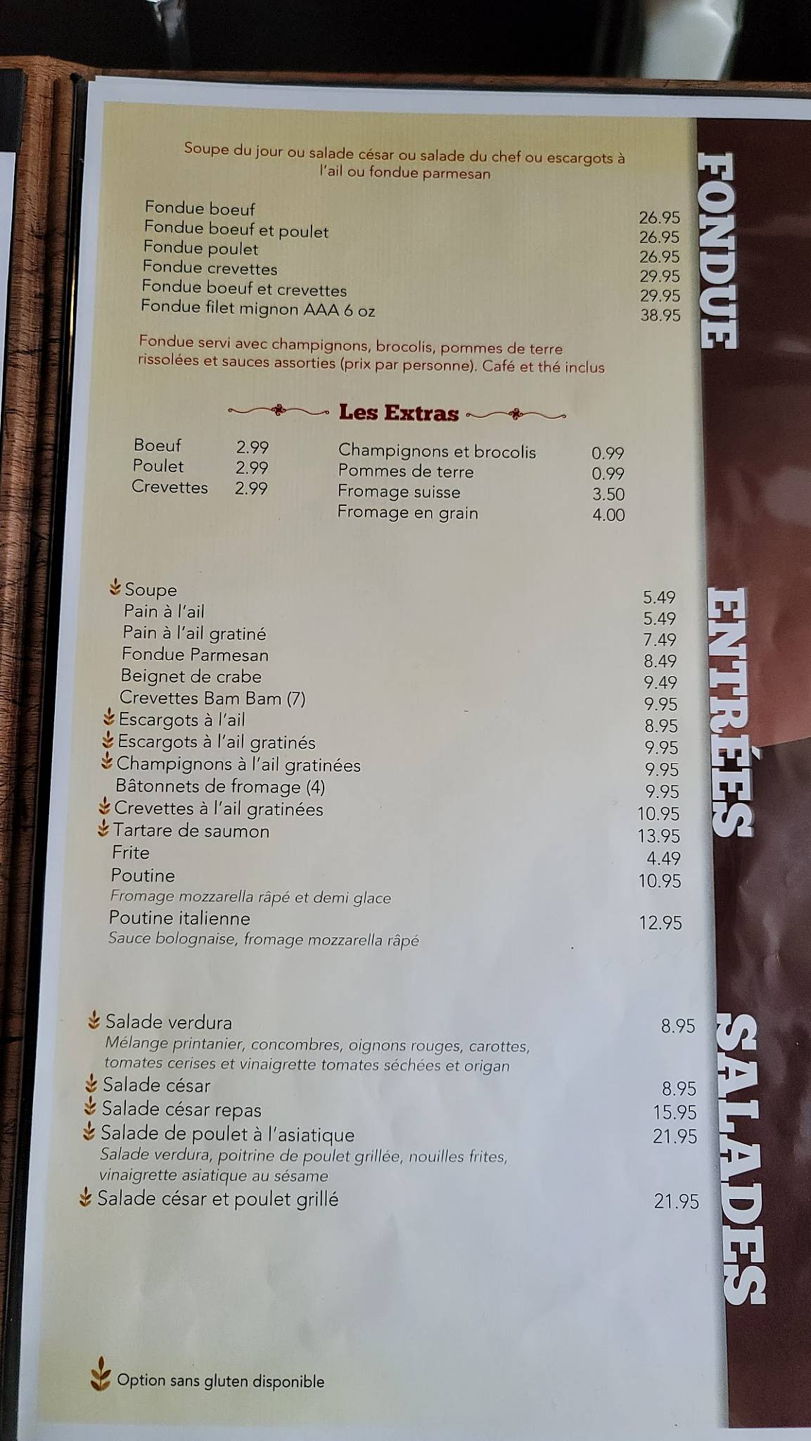 Menu au Resto St-Augustin restaurant, Mirabel, Rue de St Augustin