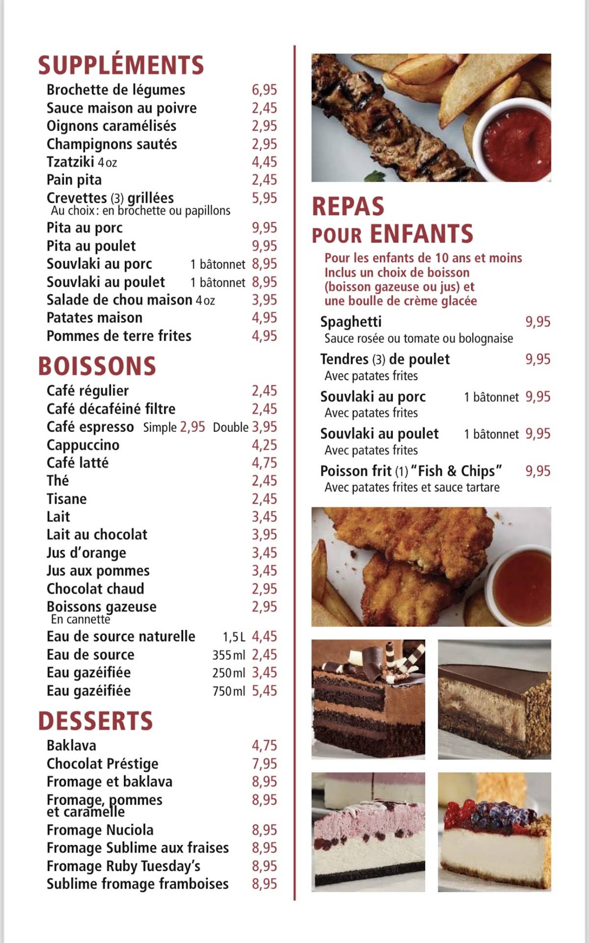 Menu au Resto St-Augustin restaurant, Mirabel, Rue de St Augustin