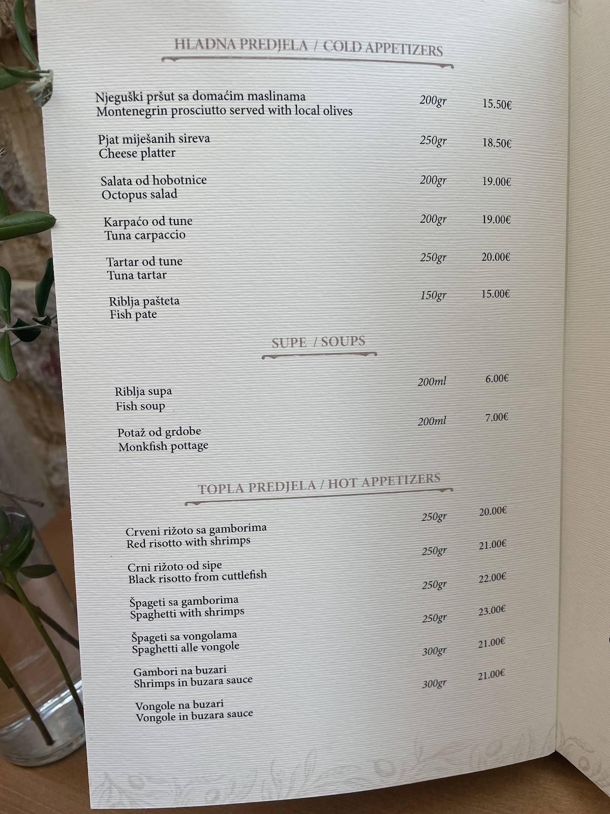 Menu at Restoran Mlin restaurant, Budva