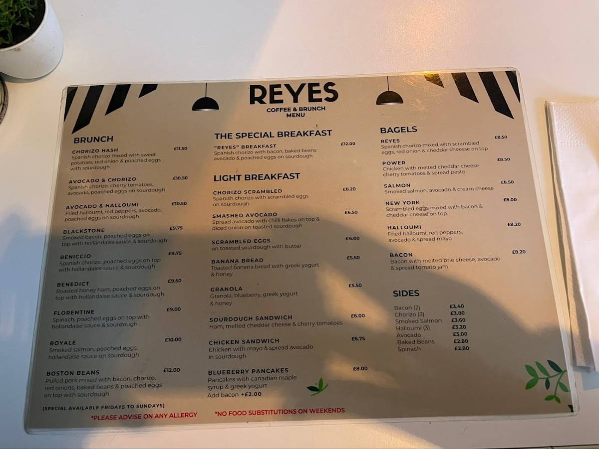 Menu at Reyes Coffee & Brunch restaurant, London, 6 Old Town