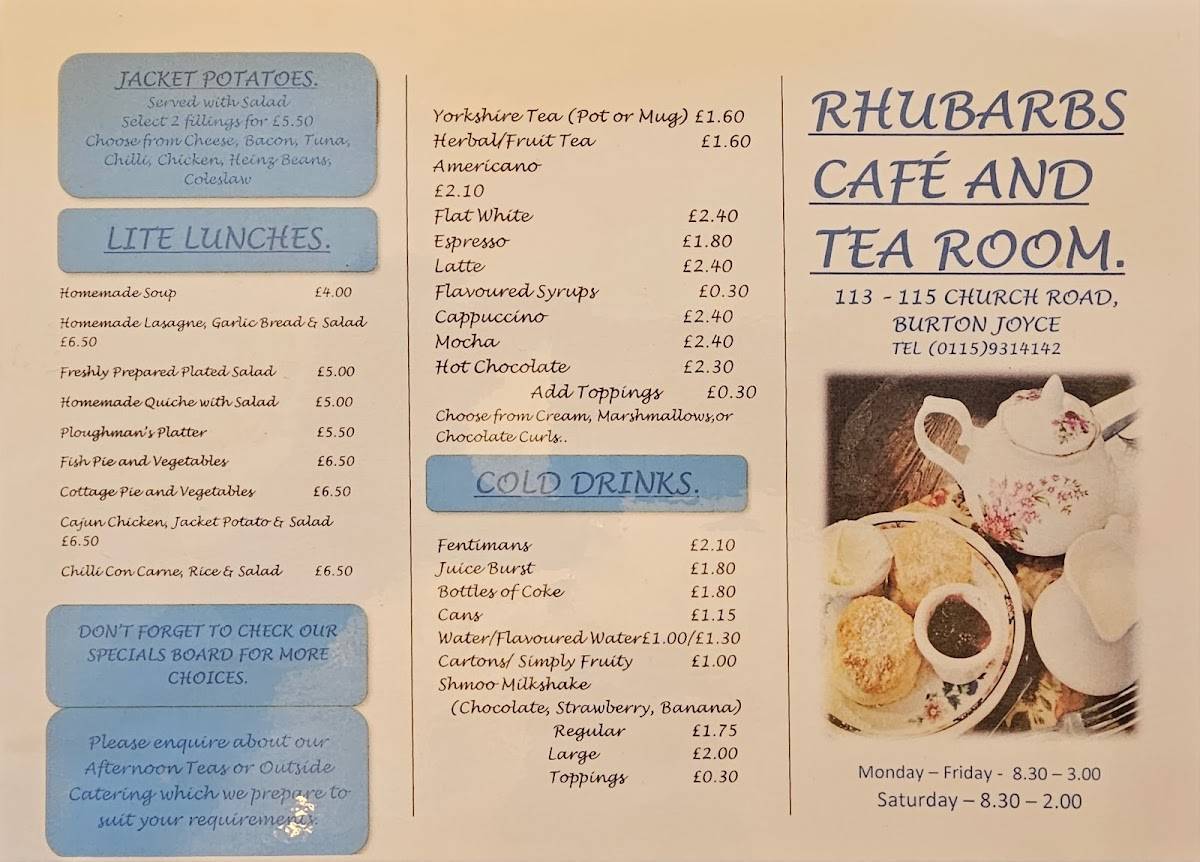 Menu at Rhubarbs Café/Tea Room, Nottingham