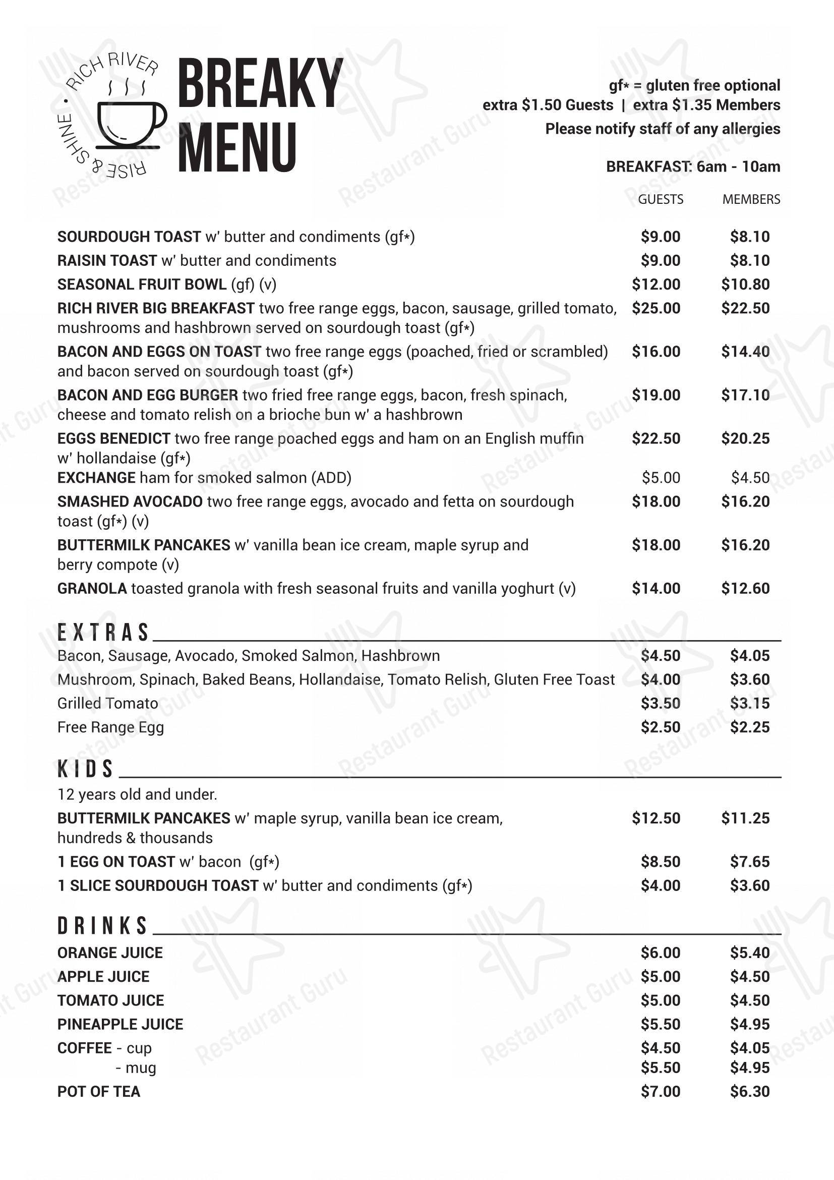 Menu at Rich River Golf Club, Moama