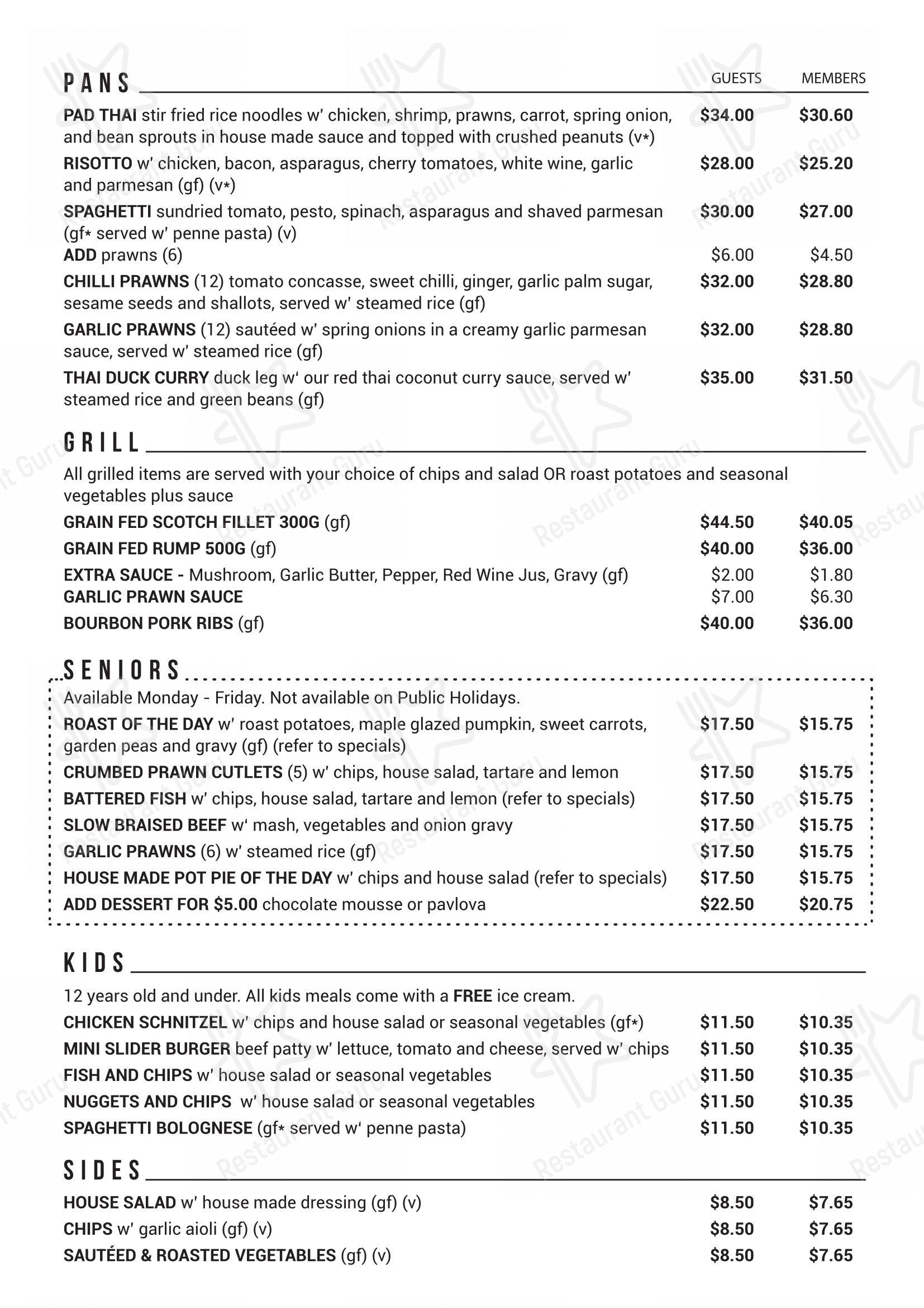 Menu at Rich River Golf Club, Moama