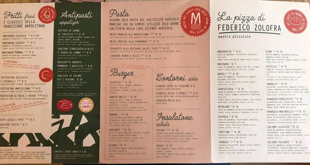 Menu at Rione Castel Gandolfo restaurant, Castel Gandolfo