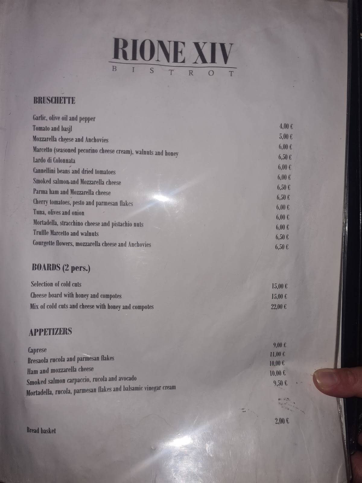 Carta de pizzería Rione XIV Bistrot, Roma