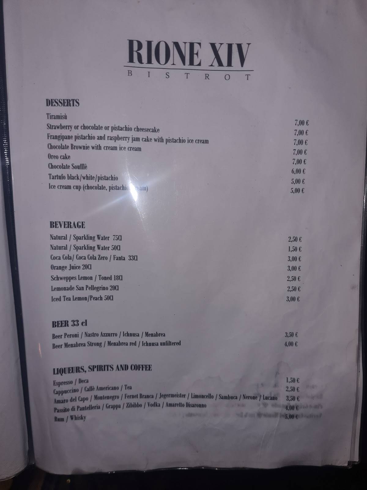Carta de pizzería Rione XIV Bistrot, Roma