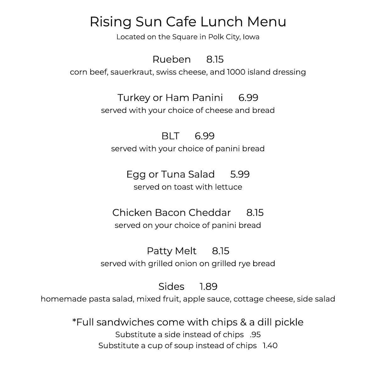Menu at Rising Sun Cafe, Polk City