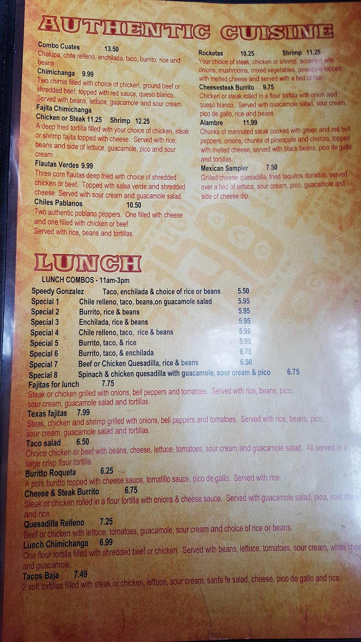 Menu at Rising Sun Cantina restaurant, Rising Sun