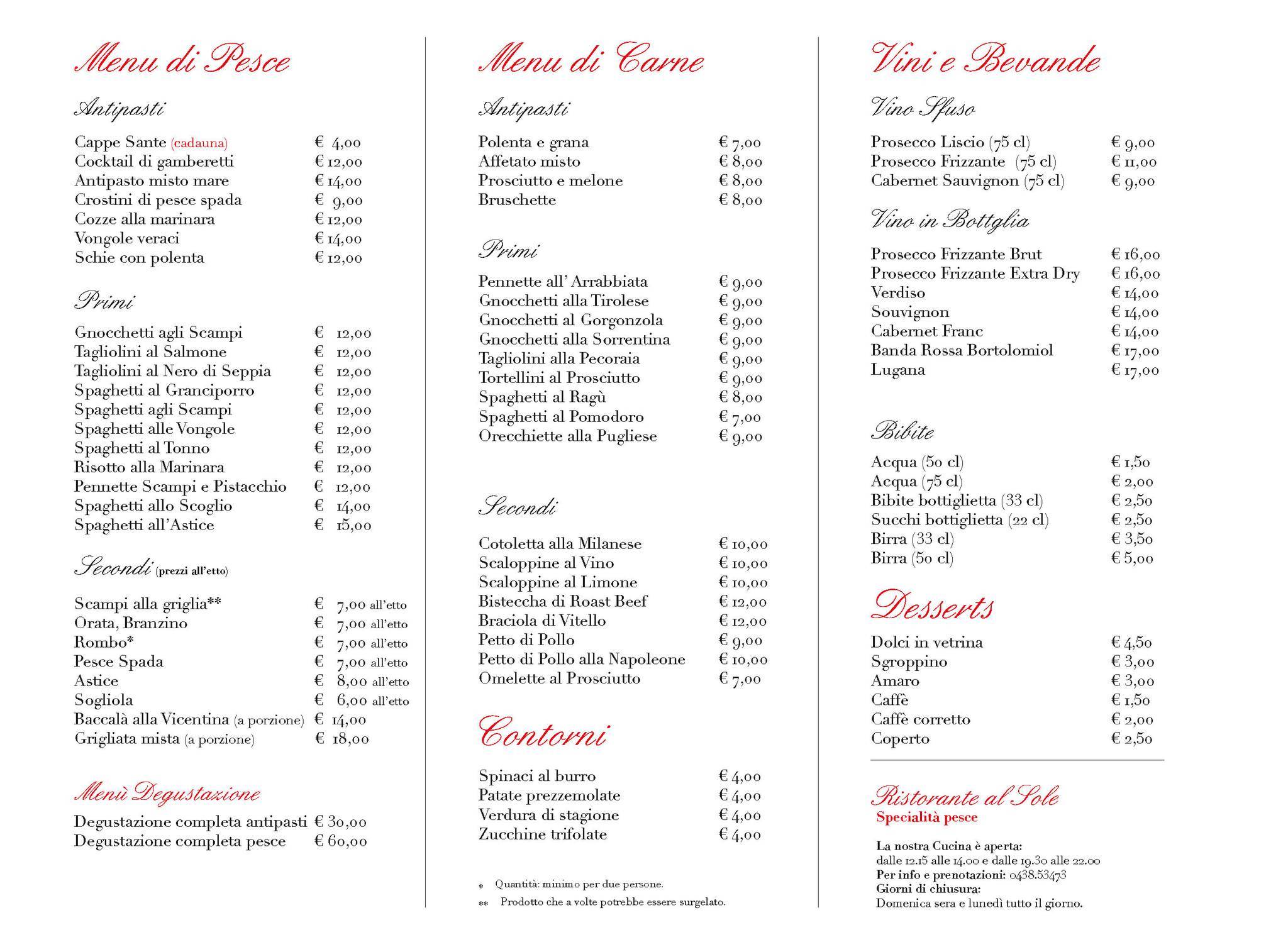 Menu at Ristorante Al Sole, Vittorio Veneto