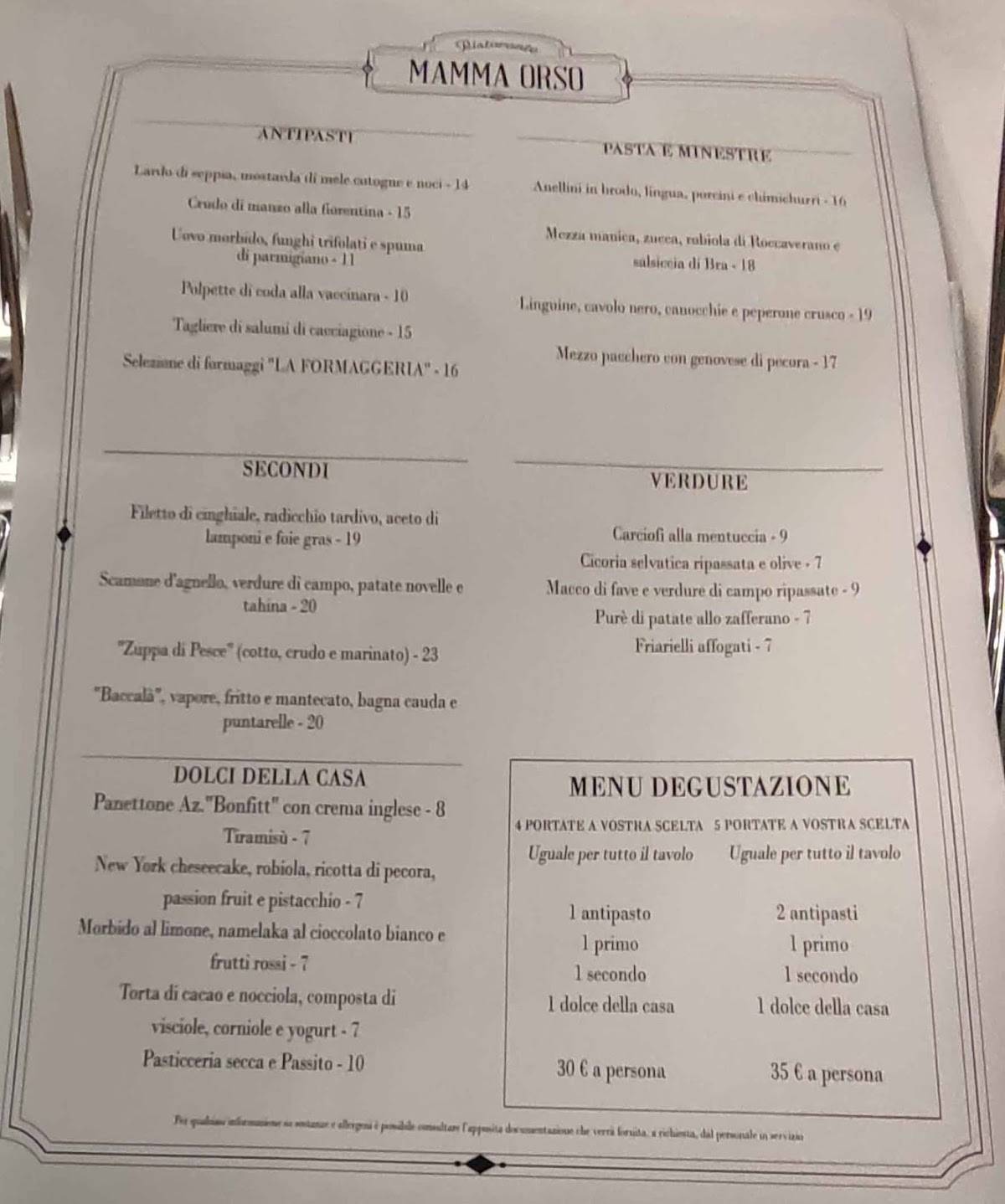 Menu au Ristorante Mamma Orso, Rome