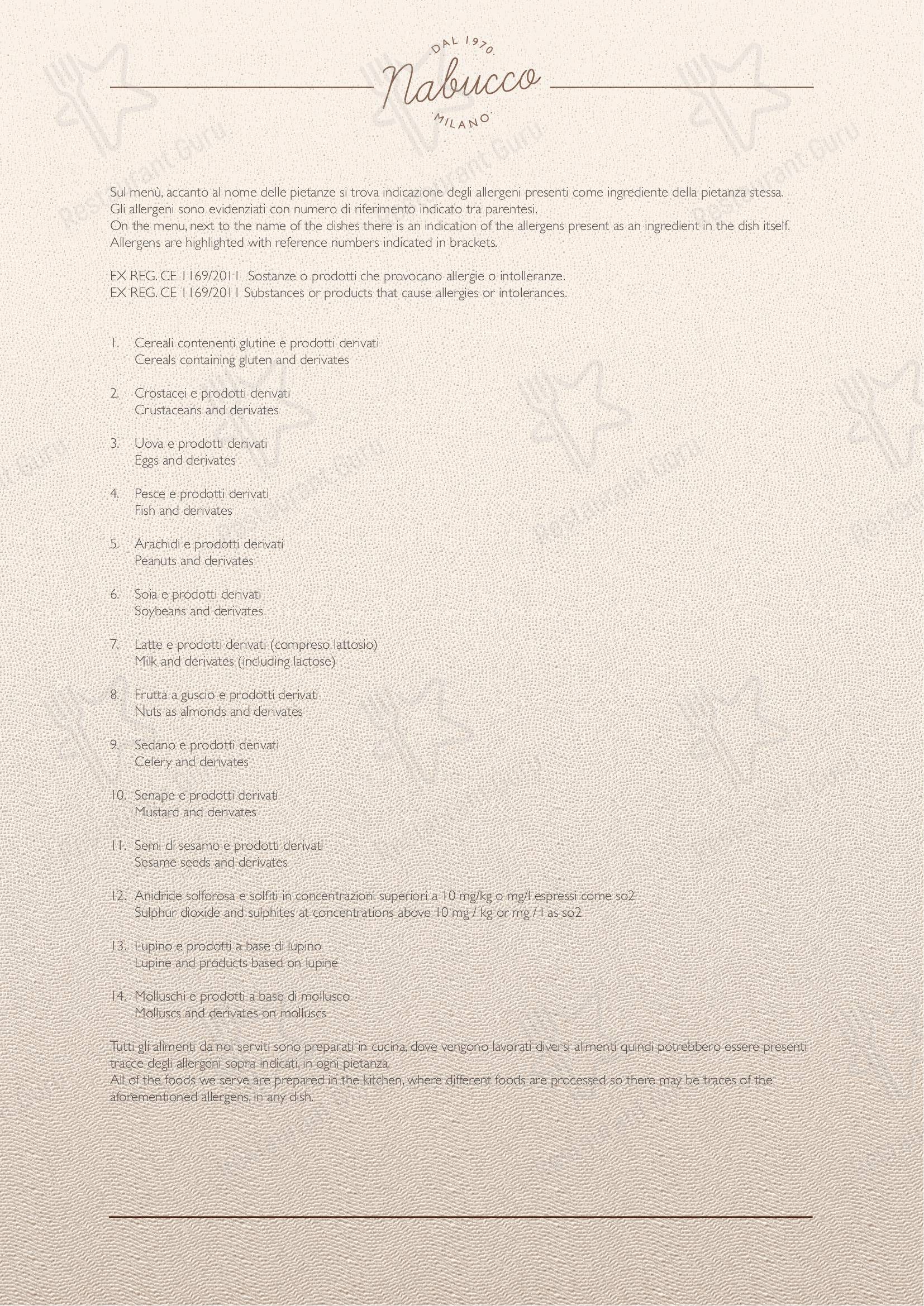 Speisekarte von Ristorante Nabucco, Mailand
