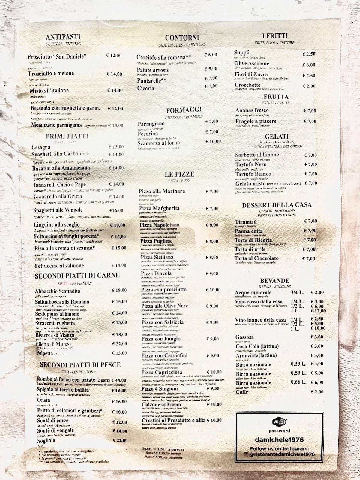 Menu at Ristorante Pizzeria da Michele, Rome, Via Merulana