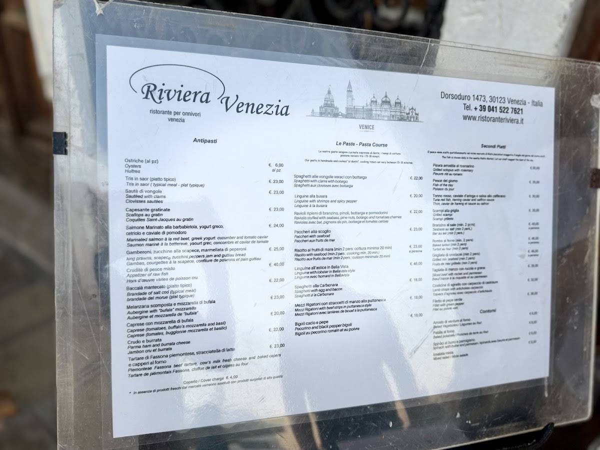 Menu at Ristorante Riviera, Venice