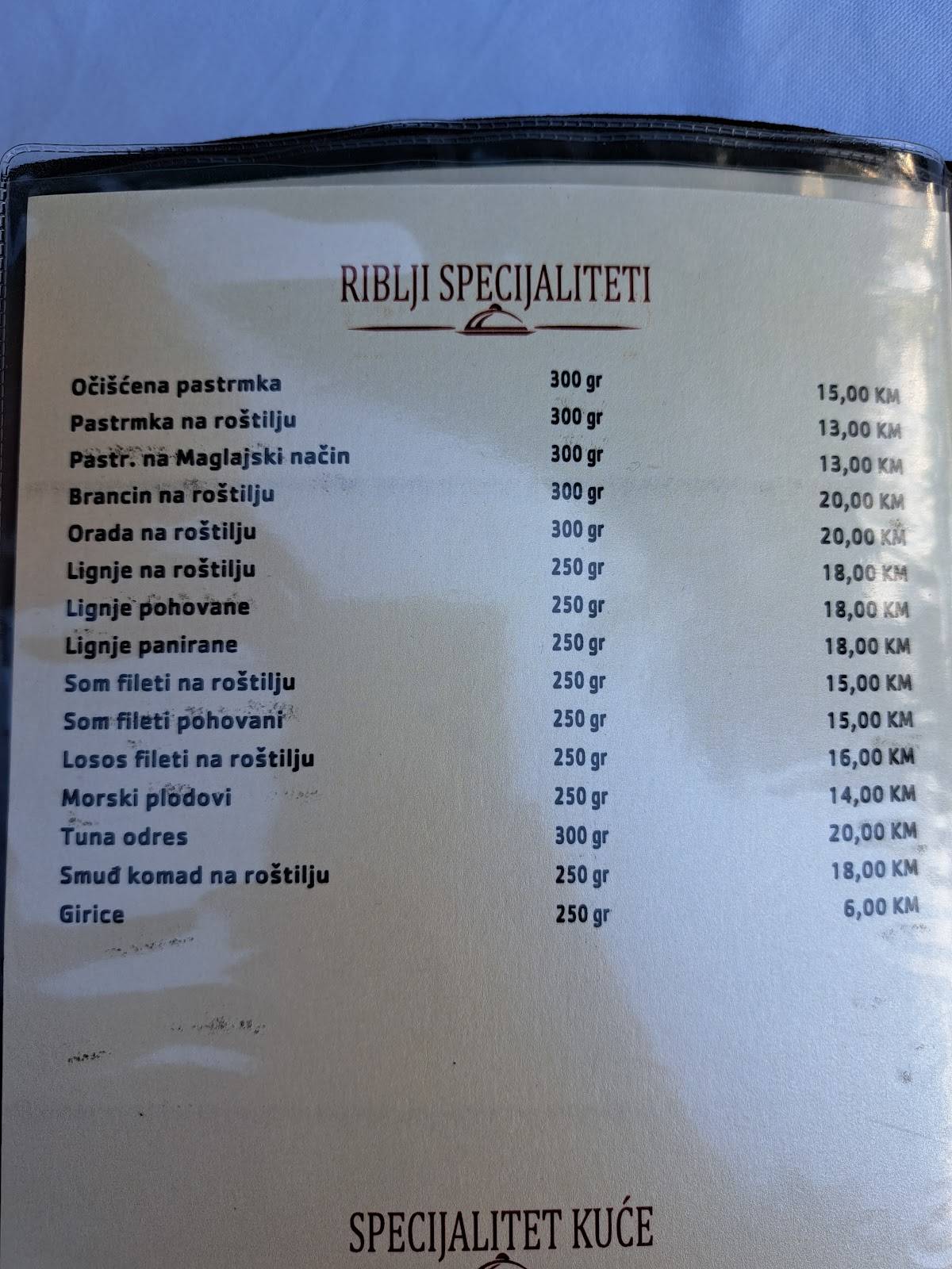 Menu at Riva restaurant, Maglaj
