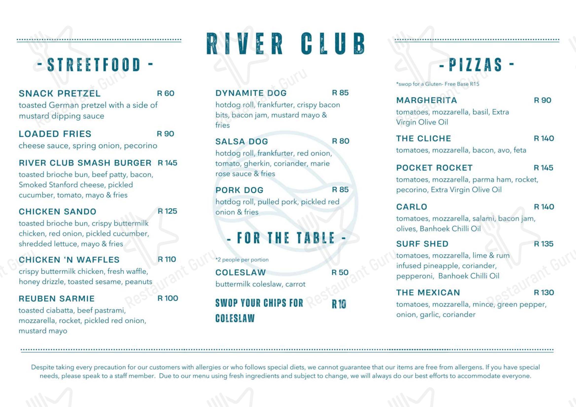 Menu at River Club St Francis Bay, Saint Francis Bay