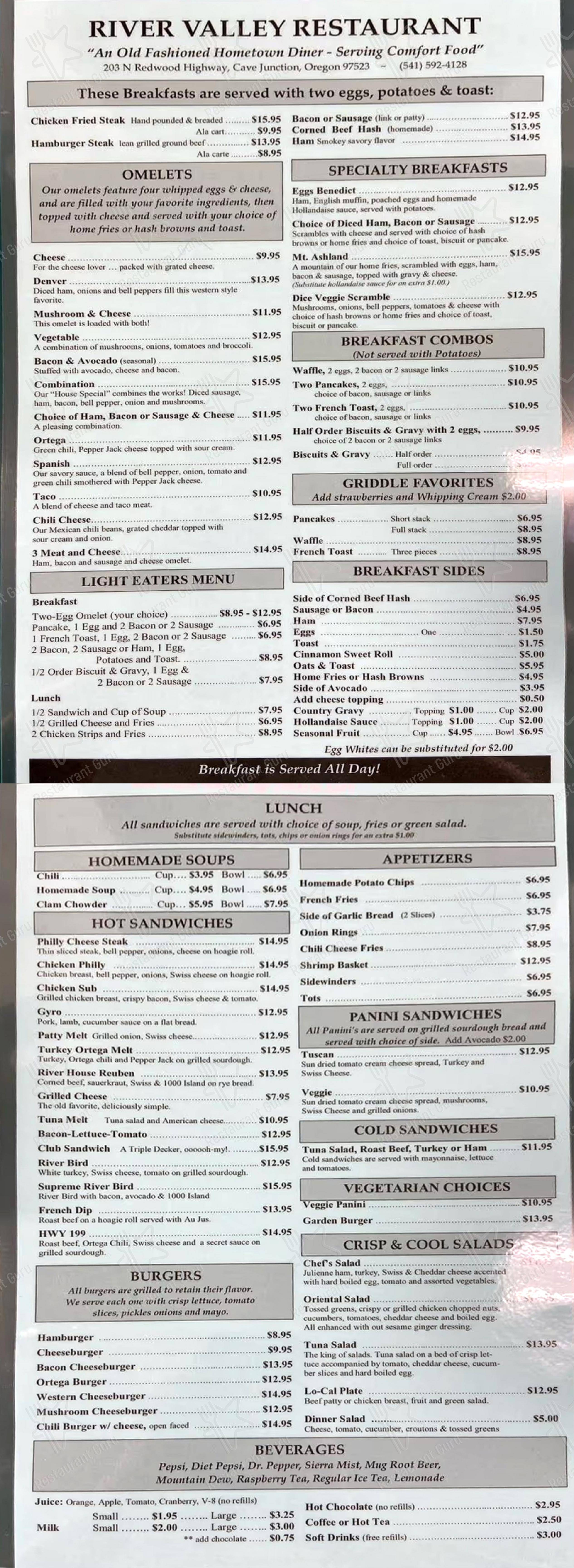 Menu at River Valley Restaurant, Cave Junction