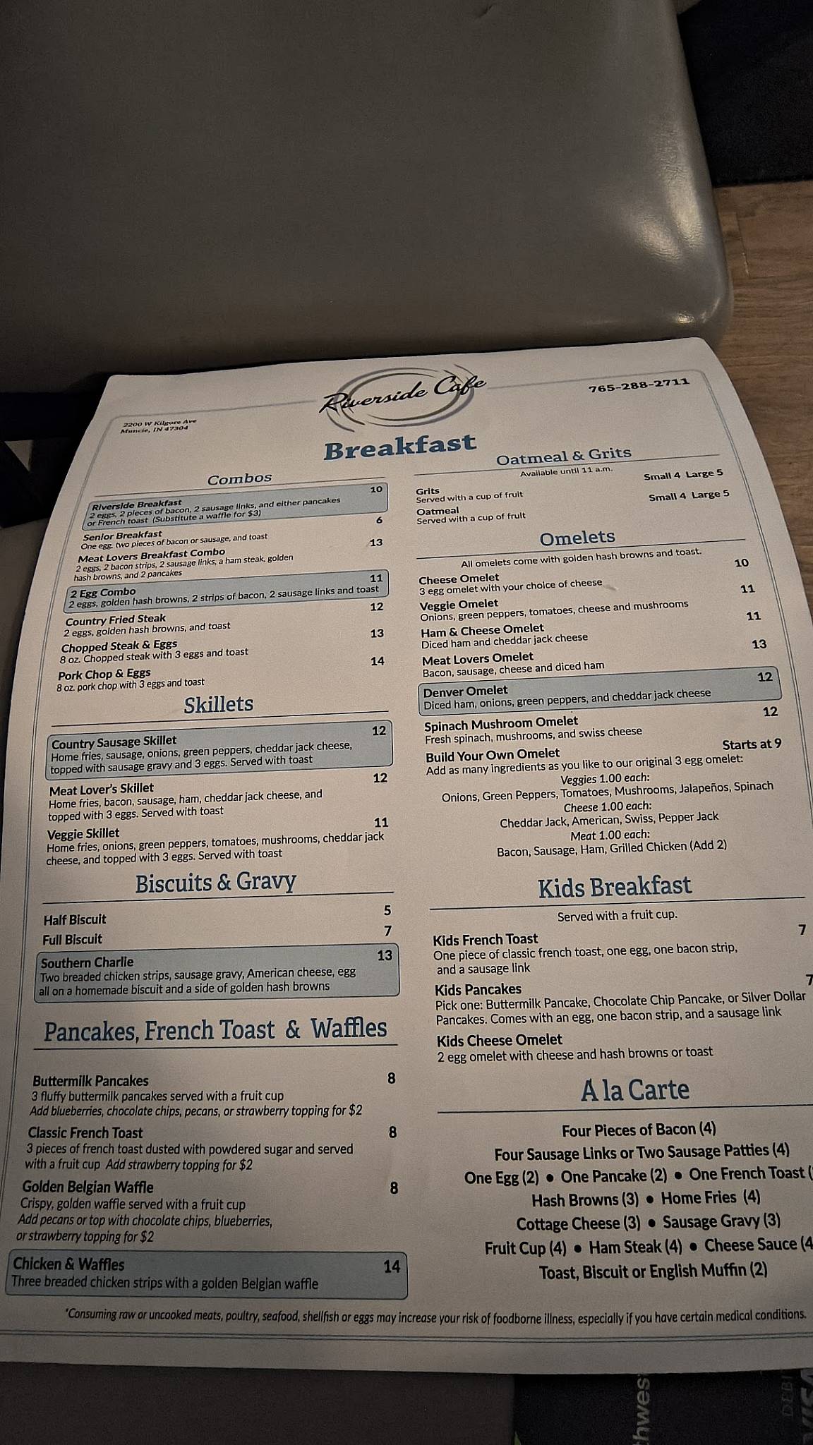 Menu at Riverside Cafe, Muncie
