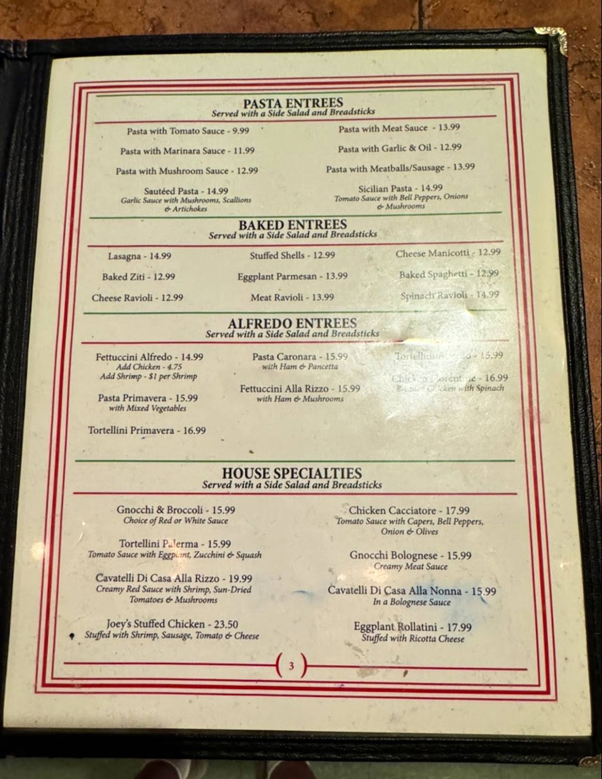 Menu at Rizzo's Spaghetti House pizzeria, Indian Land, Charlotte Hwy