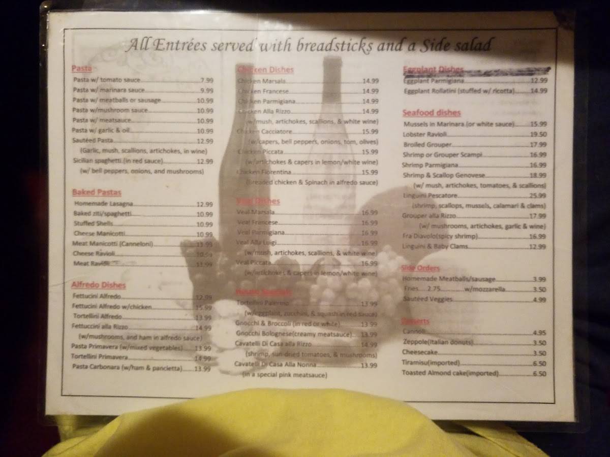 Menu at Rizzo's Spaghetti House pizzeria, Fort Mill, Charlotte Hwy