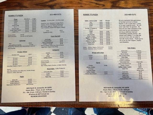Menu at Robbie T's Pizza pizzeria, Jamesville