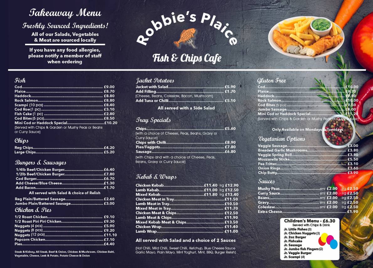 Menu at Robbie's Plaice cafe, Bath