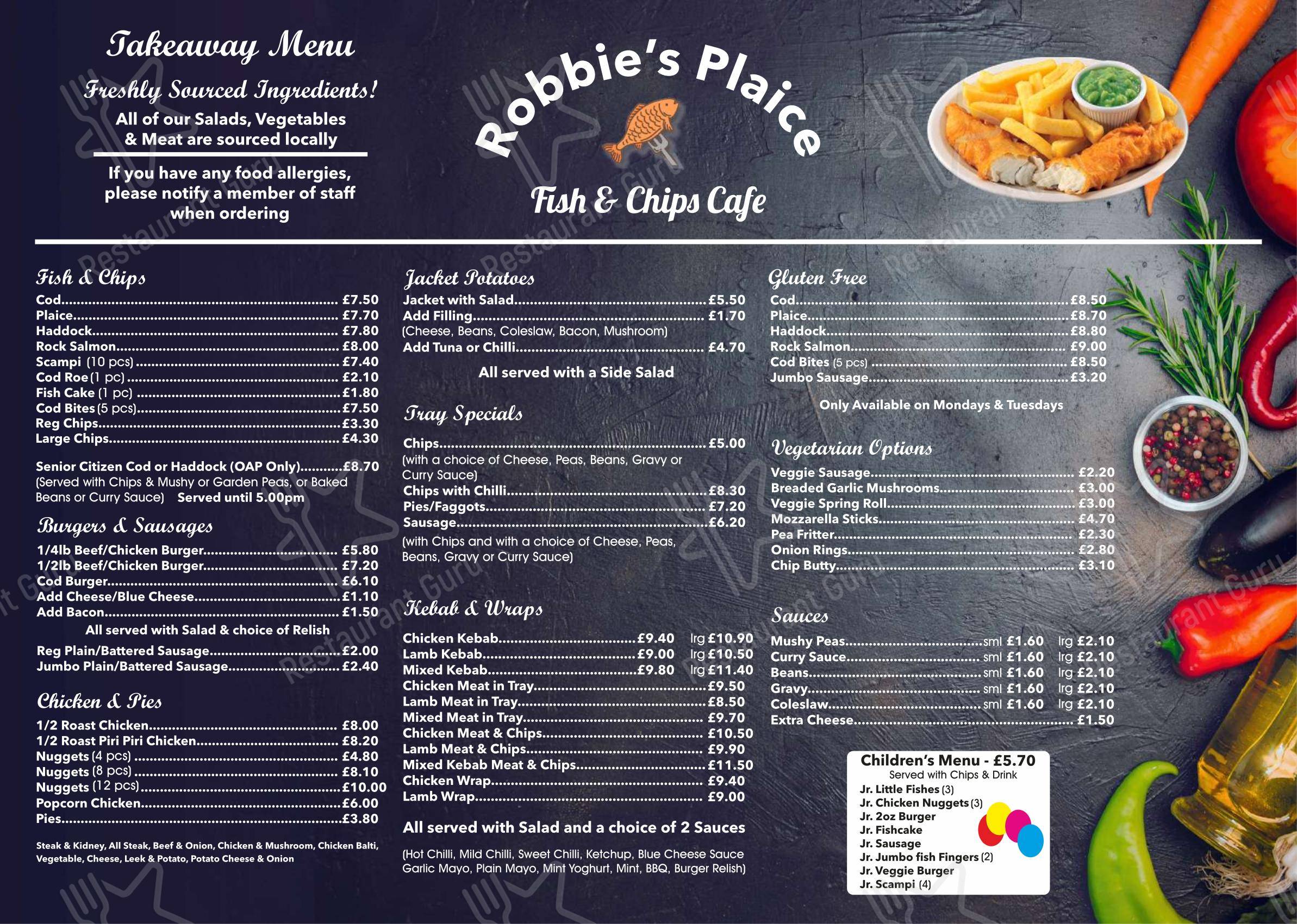 Menu at Robbie's Plaice cafe, Bath