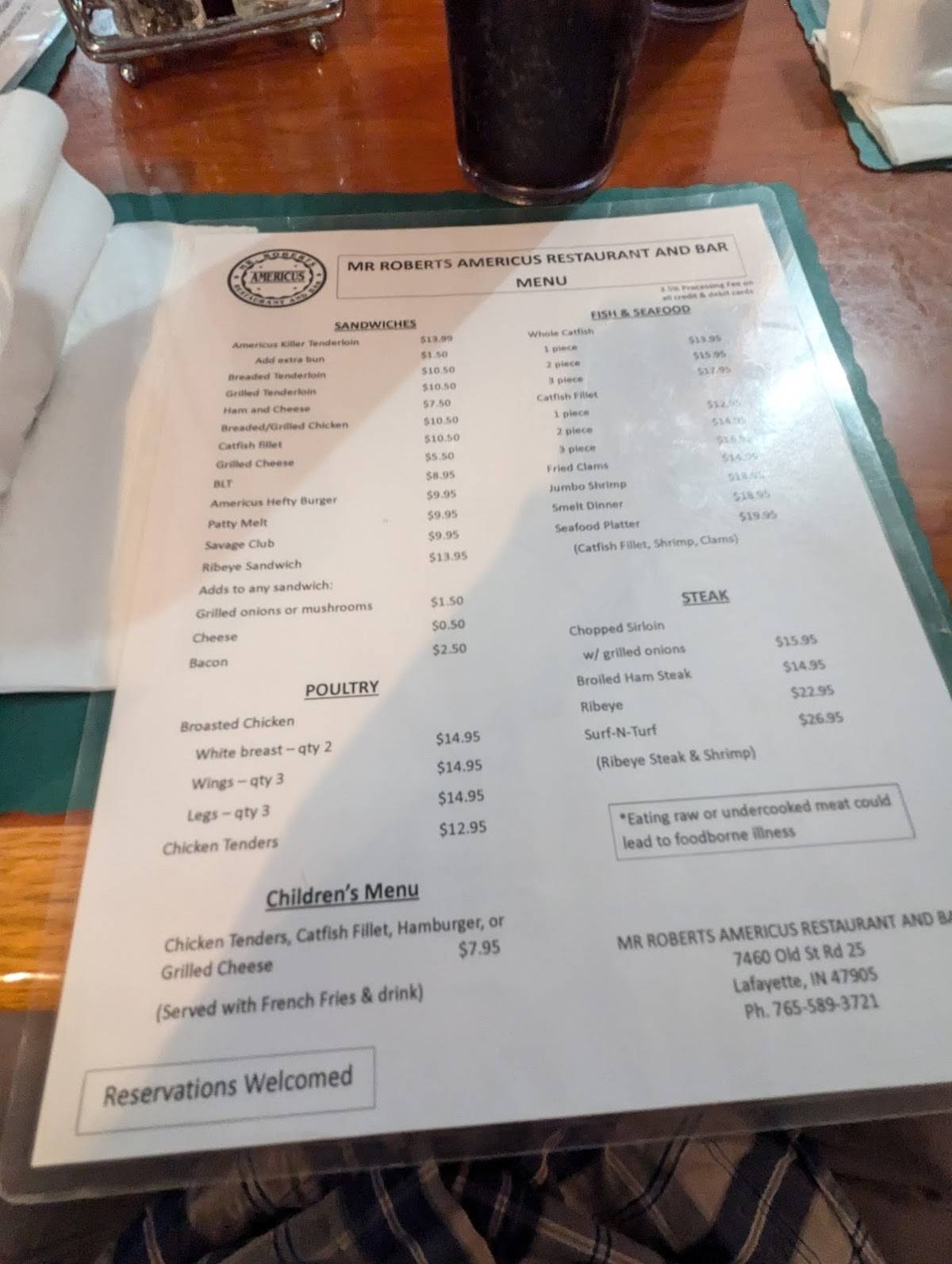 Menu at Roberts Americus Restaurant, USA