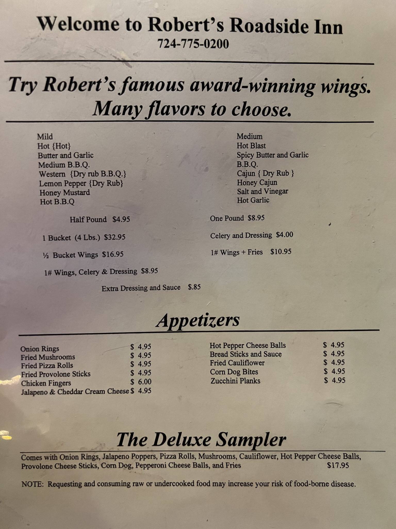 Menu at Robert's Roadside Inn restaurant, Beaver
