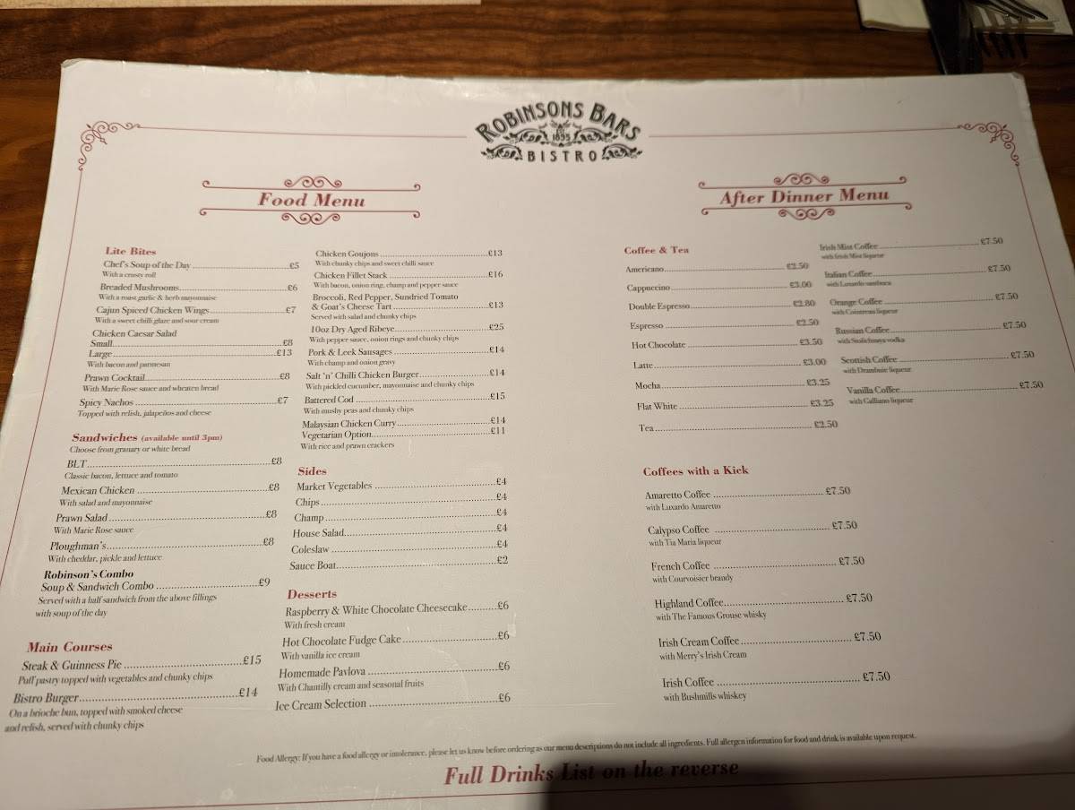 Menu at Robinsons Bar, Belfast, 38-40 Great Victoria St