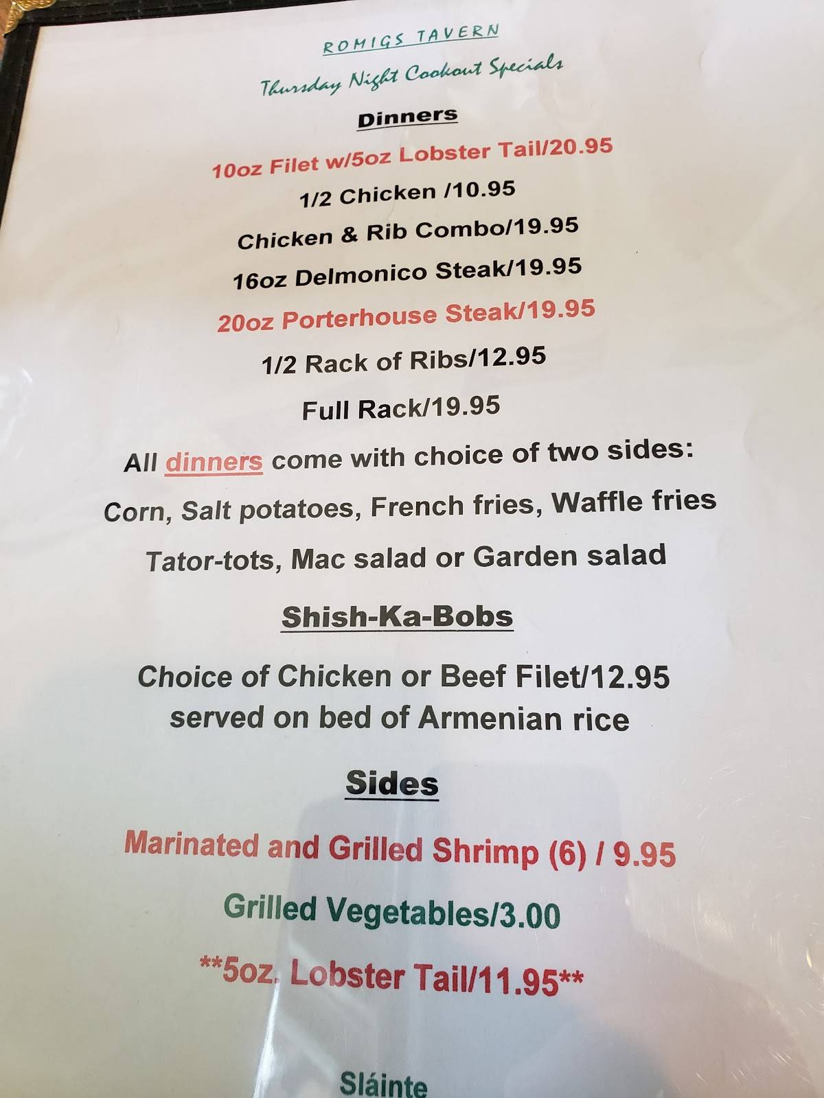 Menu at Romig's Tavern pub & bar, Rochester
