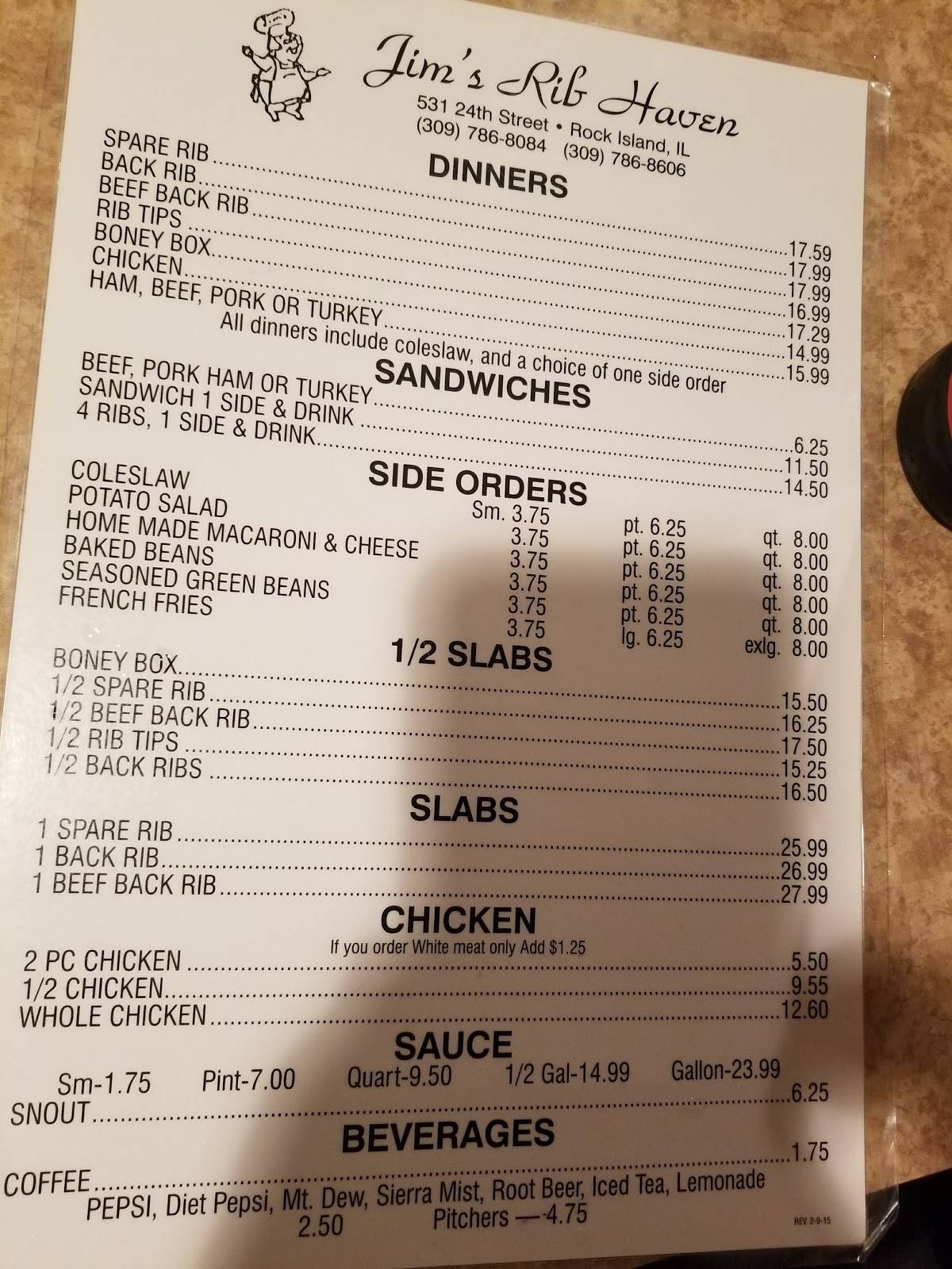 Menu at Jim's Rib Haven BBQ, Rock Island