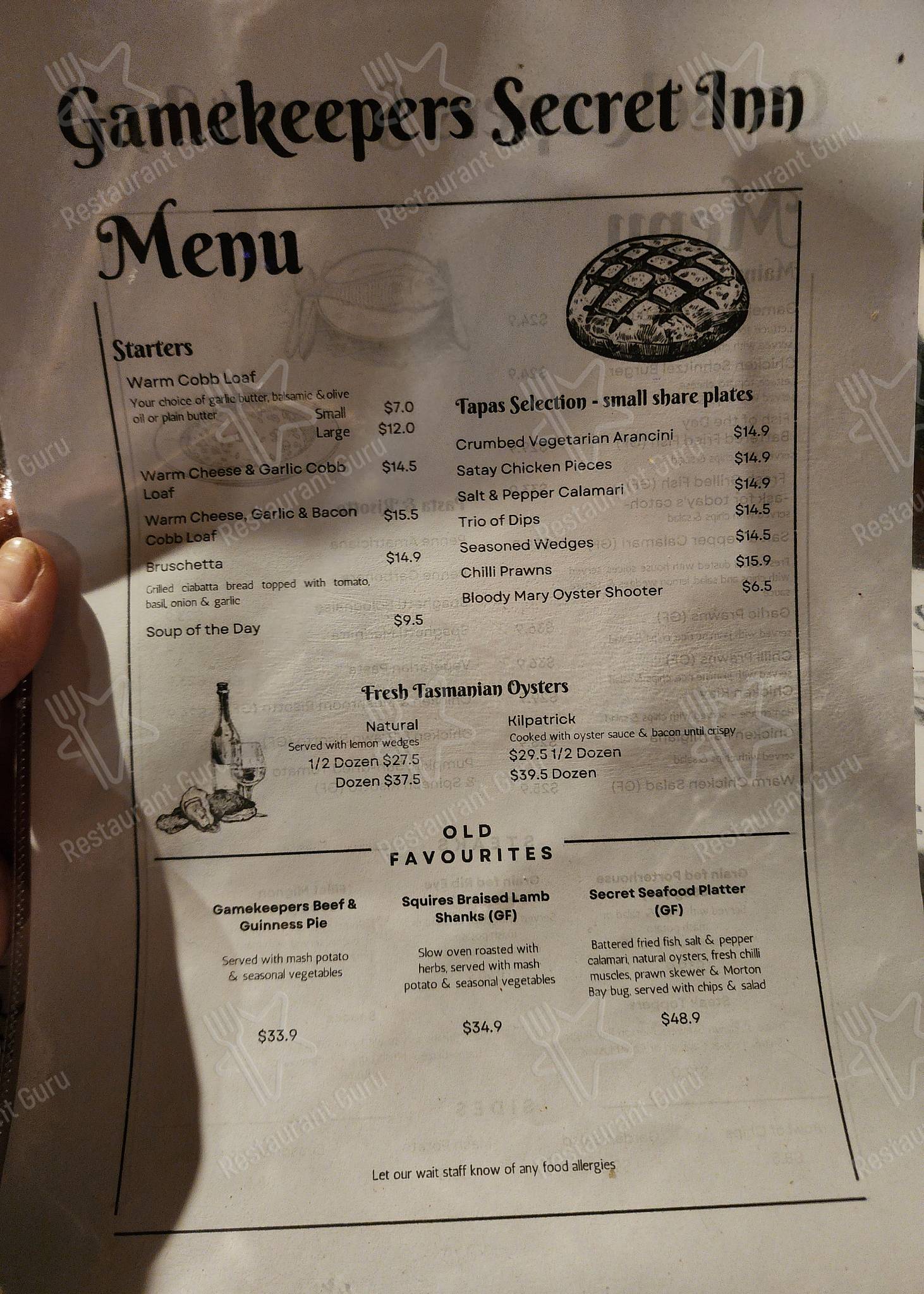 Menu at The Gamekeepers Secret Country Inn & Restaurant, Rockbank