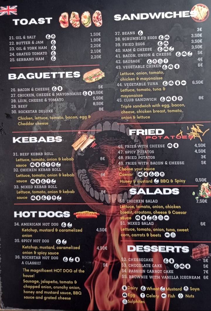 Menu at Rockstar Benidorm pub & bar, Benidorm