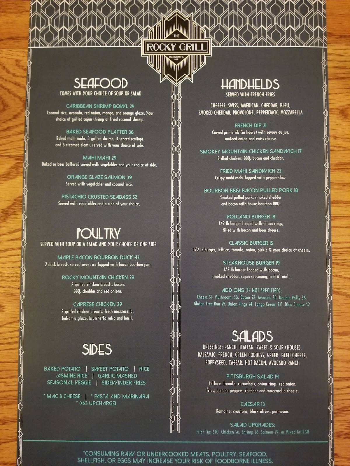 Menu at Rocky Grill restaurant, Brockway