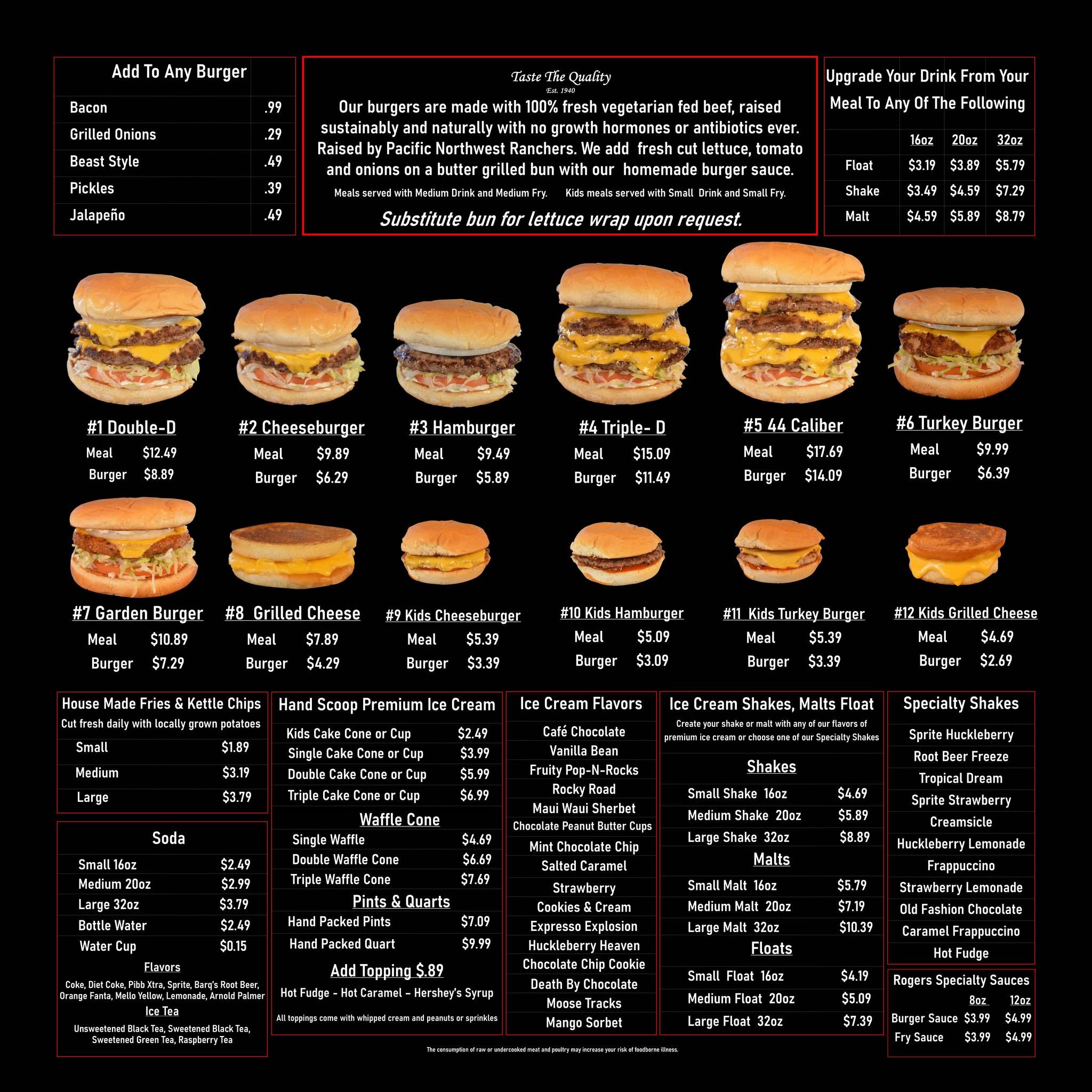 Menu at Roger's Ice Cream & Burgers restaurant, Coeur d'Alene, Sherman Ave
