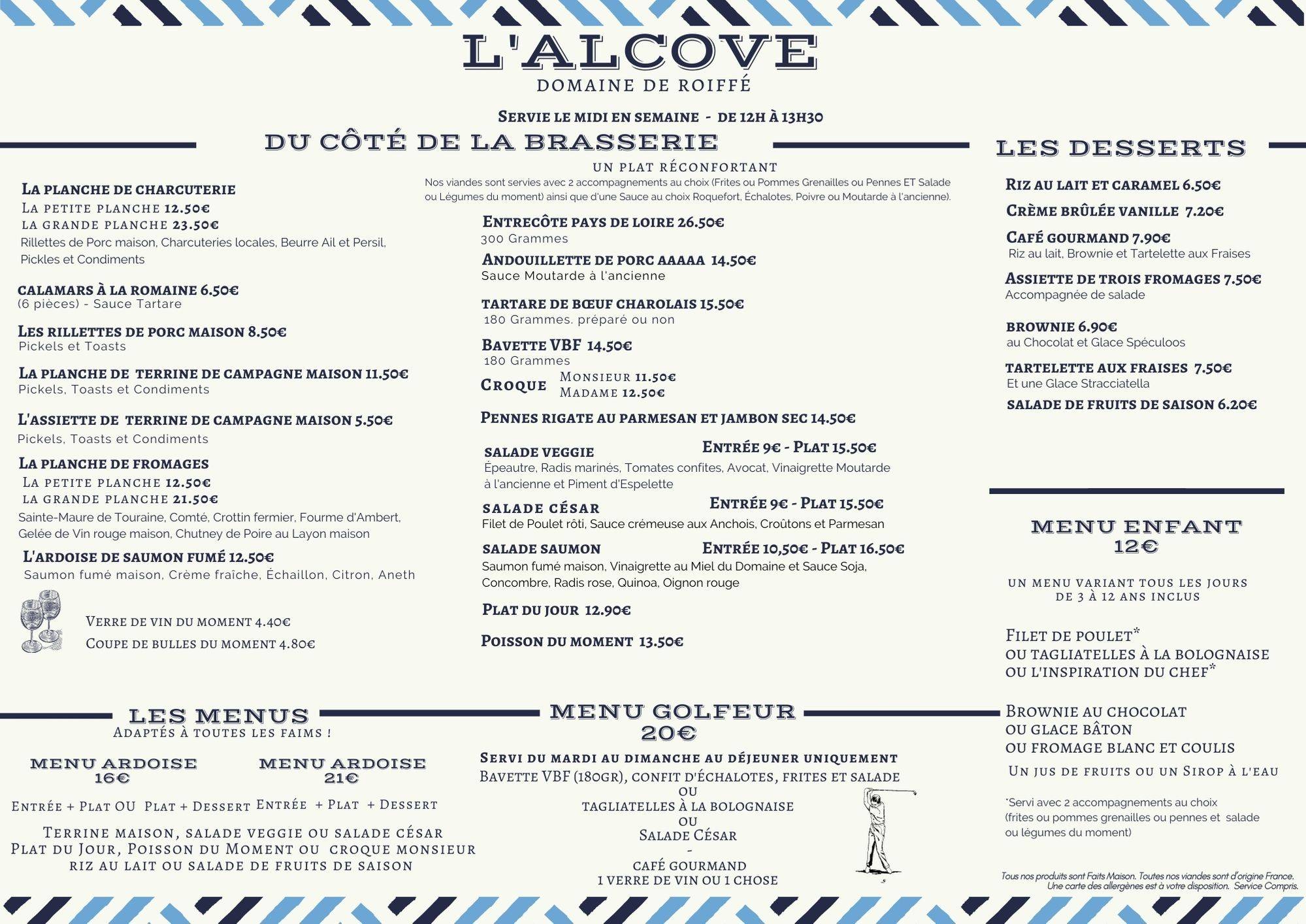 Menu at Alcôve restaurant, Roiffé
