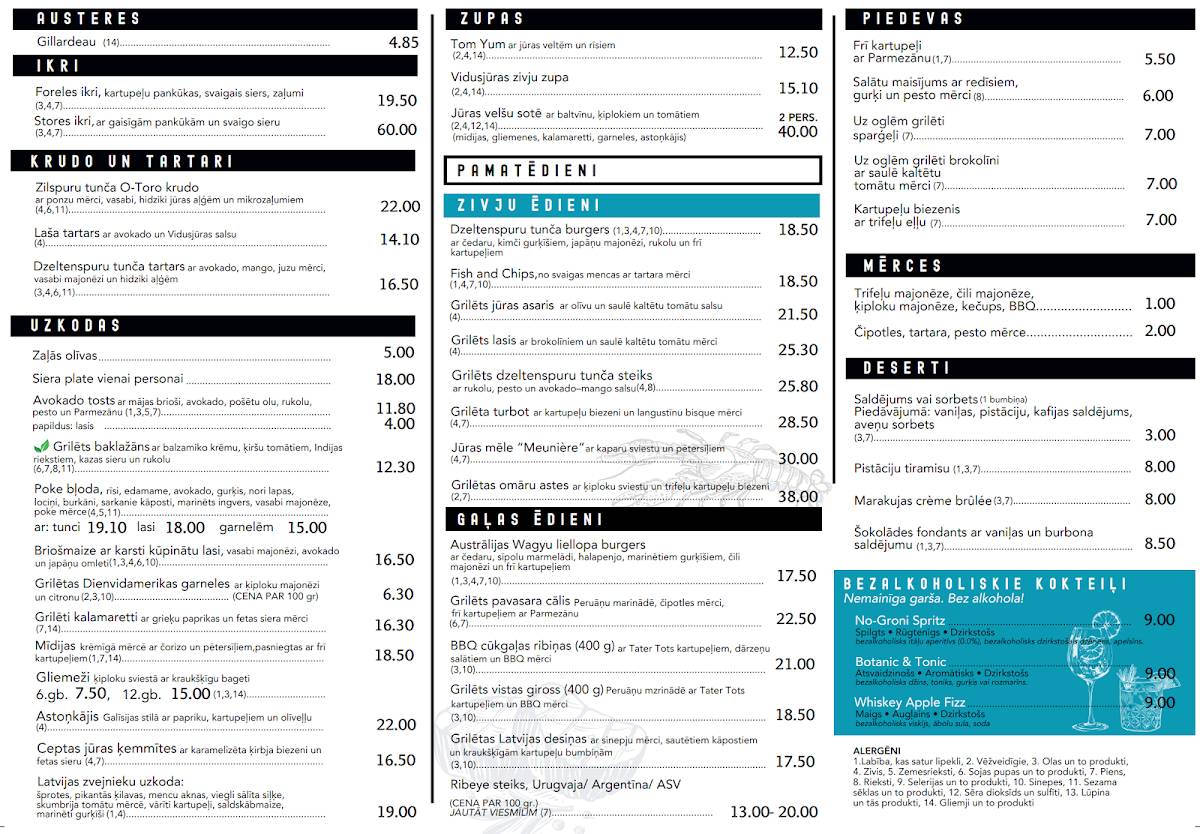 Menu at Rokot restaurant, Riga