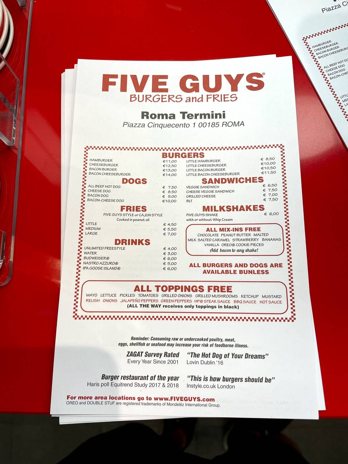 Menu da Five Guys Rome Termini ristorante, Roma, Roma Termini