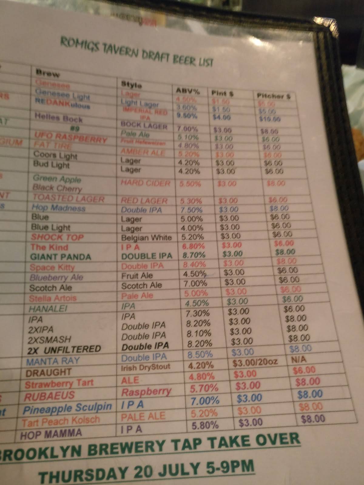 Menu at Romig's Tavern pub & bar, Rochester