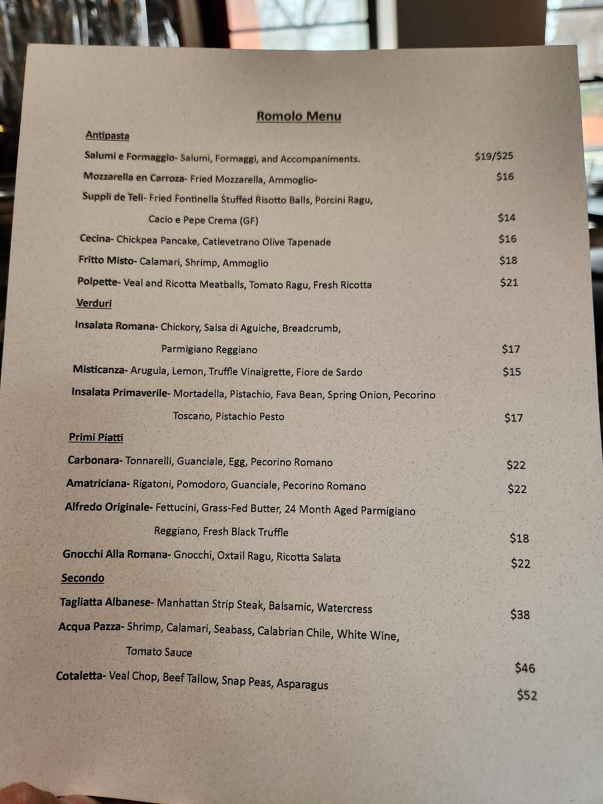 Menu at Romolo Bar Romana, Pleasant Ridge