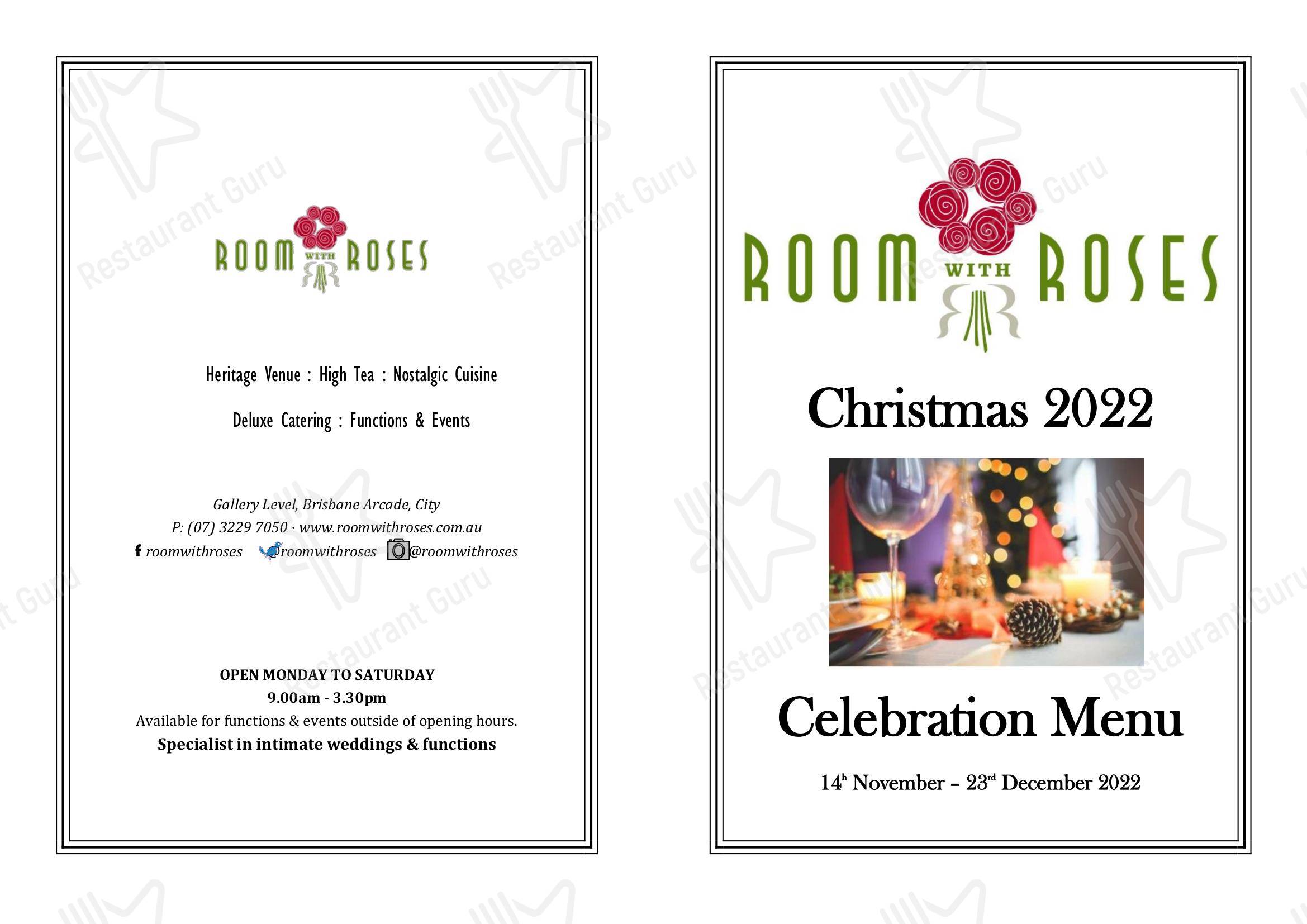 Menu at Room with Roses cafe, Brisbane City, Gallery Level