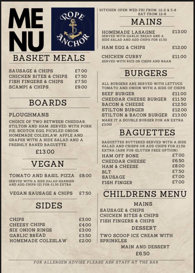 Menu at Rope & Anchor pub & bar, Poole